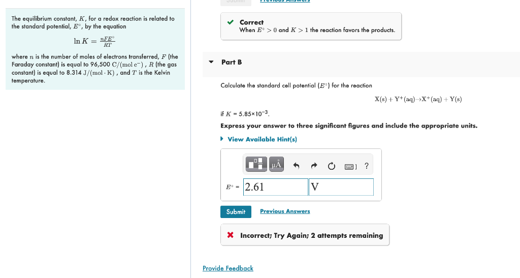 Solved The equilibrium constant, K, for a redox reaction is | Chegg.com