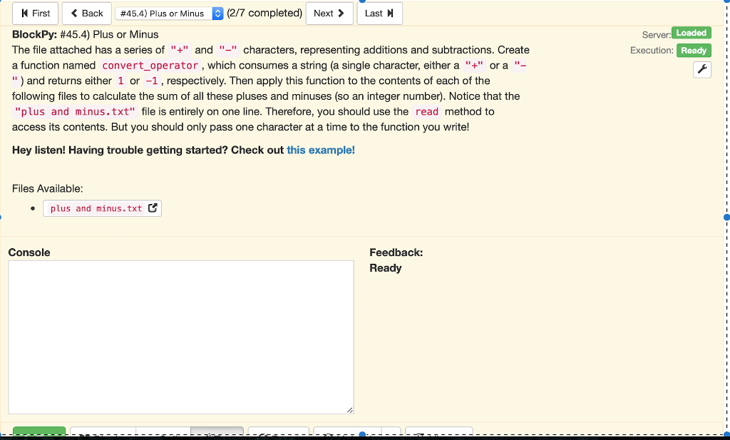 K H | BlockPy: #45.4) Plus or Minus The file attached | Chegg.com