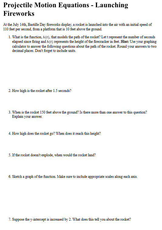 Solved Projectile Motion Equations - Launching Fireworks At | Chegg.com