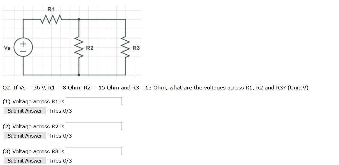 Solved R1 w Vs R2 R3 W Q2. If Vs = 36 V, R1 = 8 Ohm, R2 = 15 | Chegg.com