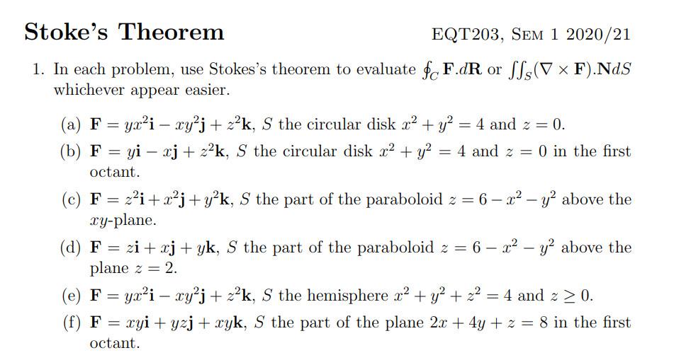 Solved Stoke's Theorem EQT203, SEM 1 2020/21 1. In each | Chegg.com
