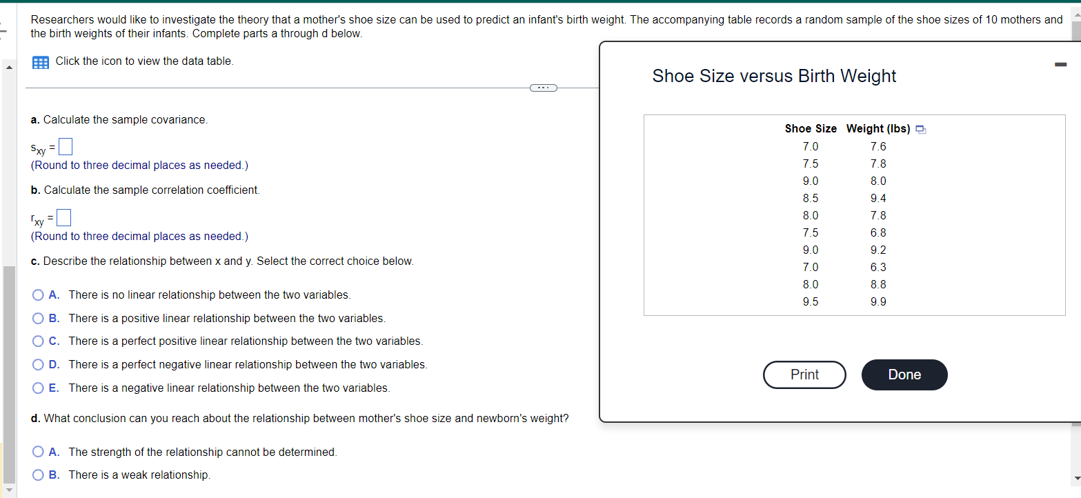 Solved Click the icon to view the data table. Shoe Size | Chegg.com