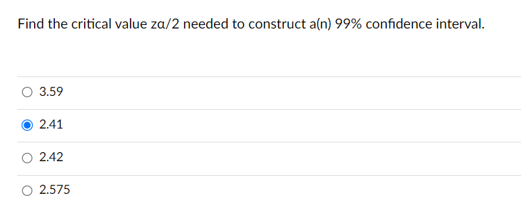 Solved Find the critical value za/2 needed to construct a(n) | Chegg.com