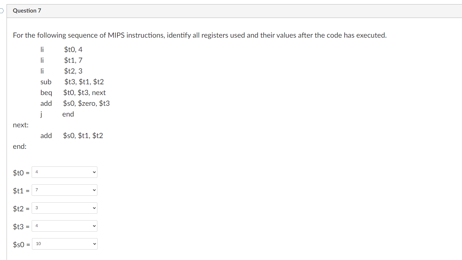 Solved Question 7 For the following sequence of MIPS | Chegg.com