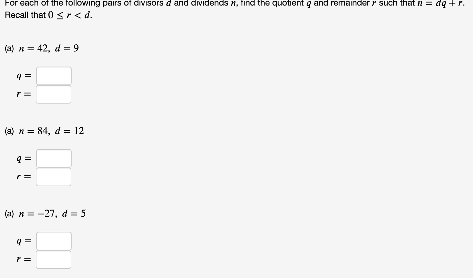Solved For each of the following pairs of divisors d and | Chegg.com