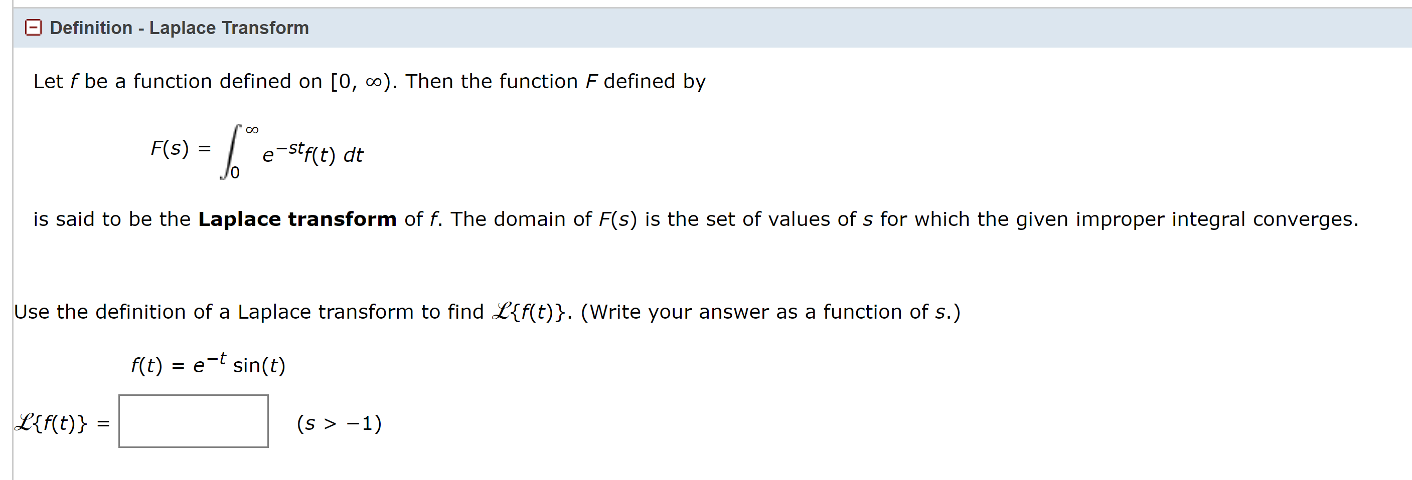 Solved Definition - ﻿Laplace TransformLet f ﻿be a function | Chegg.com