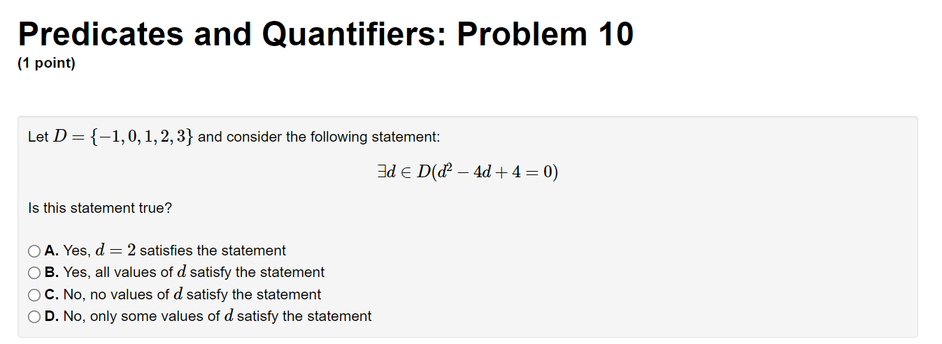 Solved Predicates and Quantifiers: Problem 10 (1 point) Let | Chegg.com