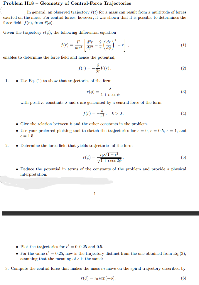 Solved Problem H18 - Geometry of Central-Force Trajectories | Chegg.com