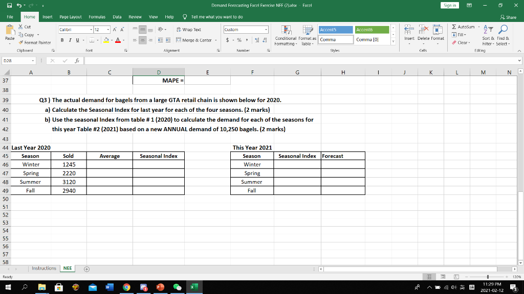 Solved Demand Forecasting Excel Exercise NEE (2.xlsx - Excel | Chegg.com