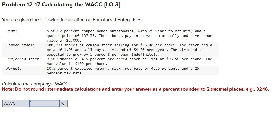 Solved Problem 12-17 Calculating the WACC [LO 3] You are | Chegg.com