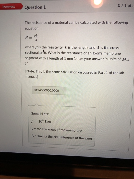 Solved 0/1 pts Incorrect Question 1 The resistance of a | Chegg.com
