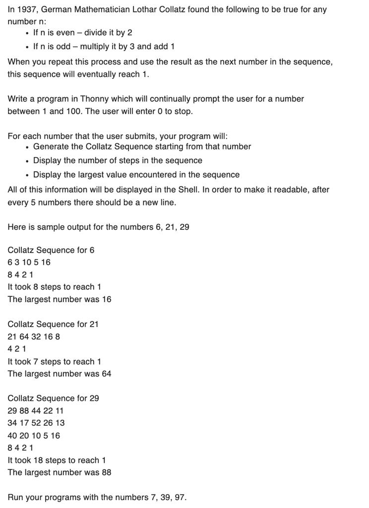 Solved In 1937, ﻿German Mathematician Lothar Collatz found | Chegg.com