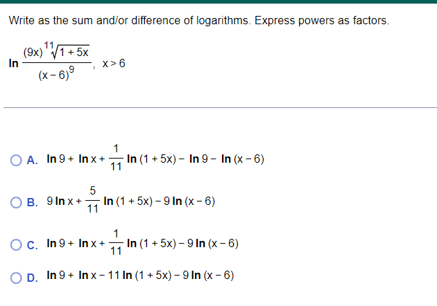 Solved Write as the sum and/or difference of logarithms. | Chegg.com