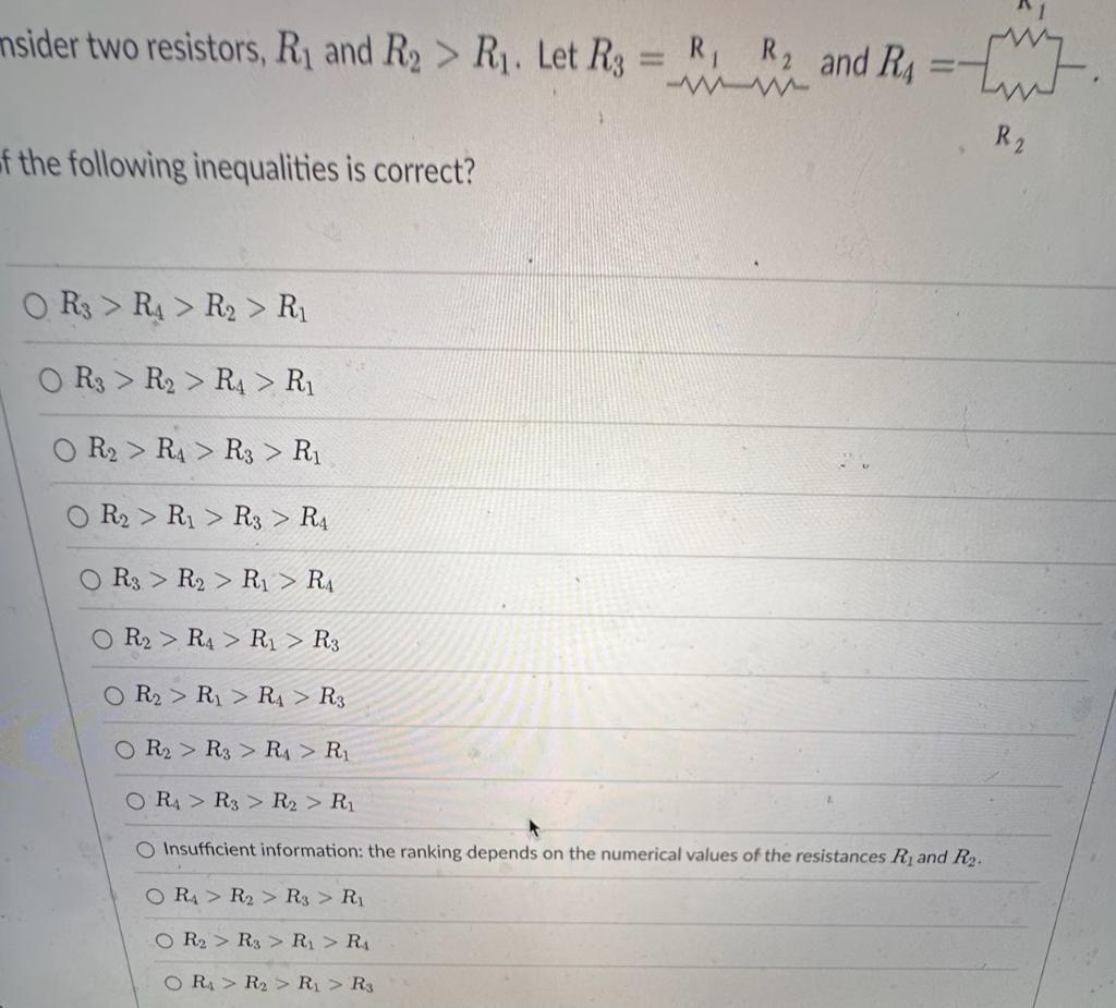 Solved nsider two resistors, R1 and R2>R1. Let R3=R1R2 and | Chegg.com
