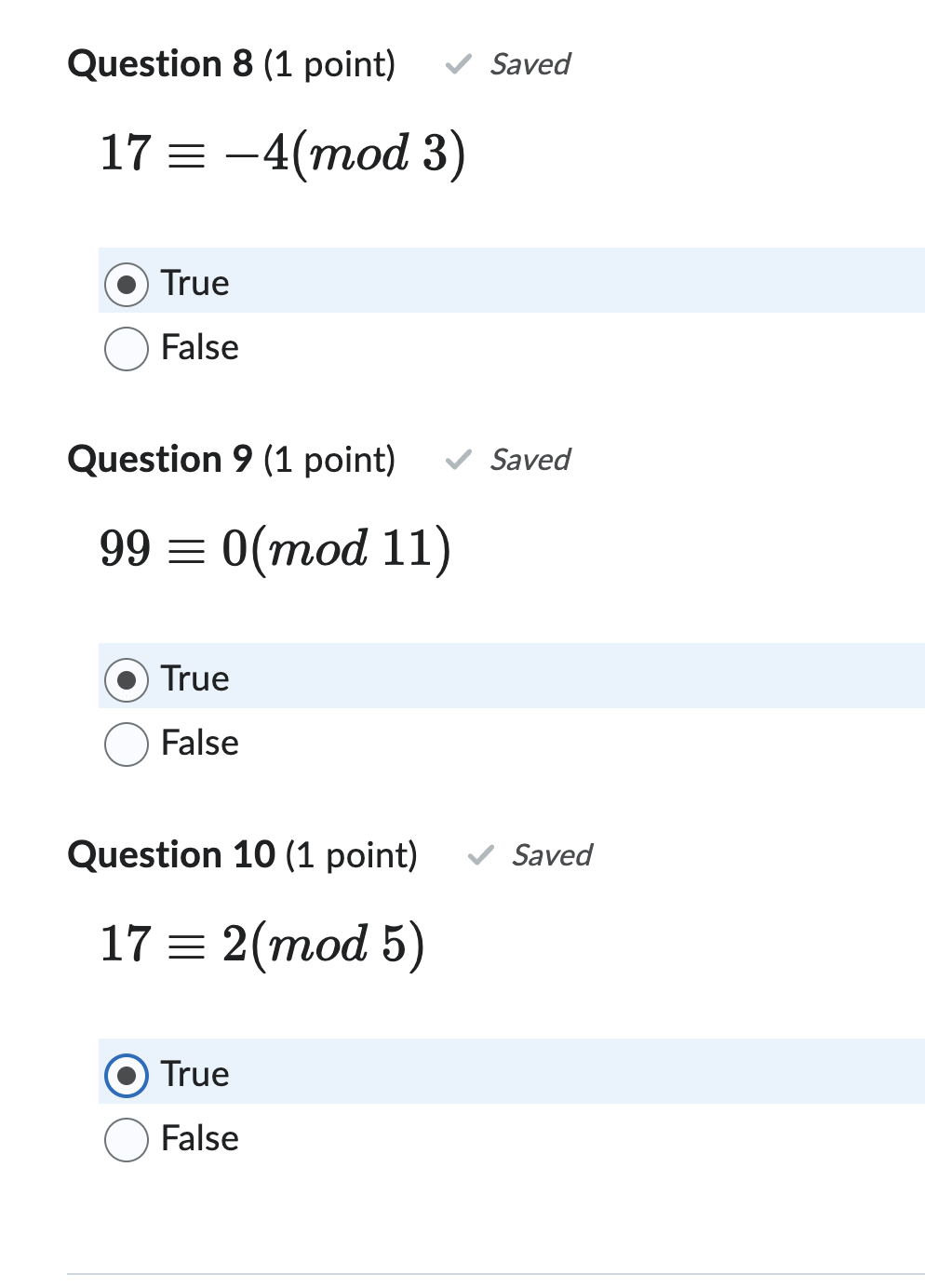 Solved Question 8 (1 point) Saved 17≡−4(mod3) True False | Chegg.com