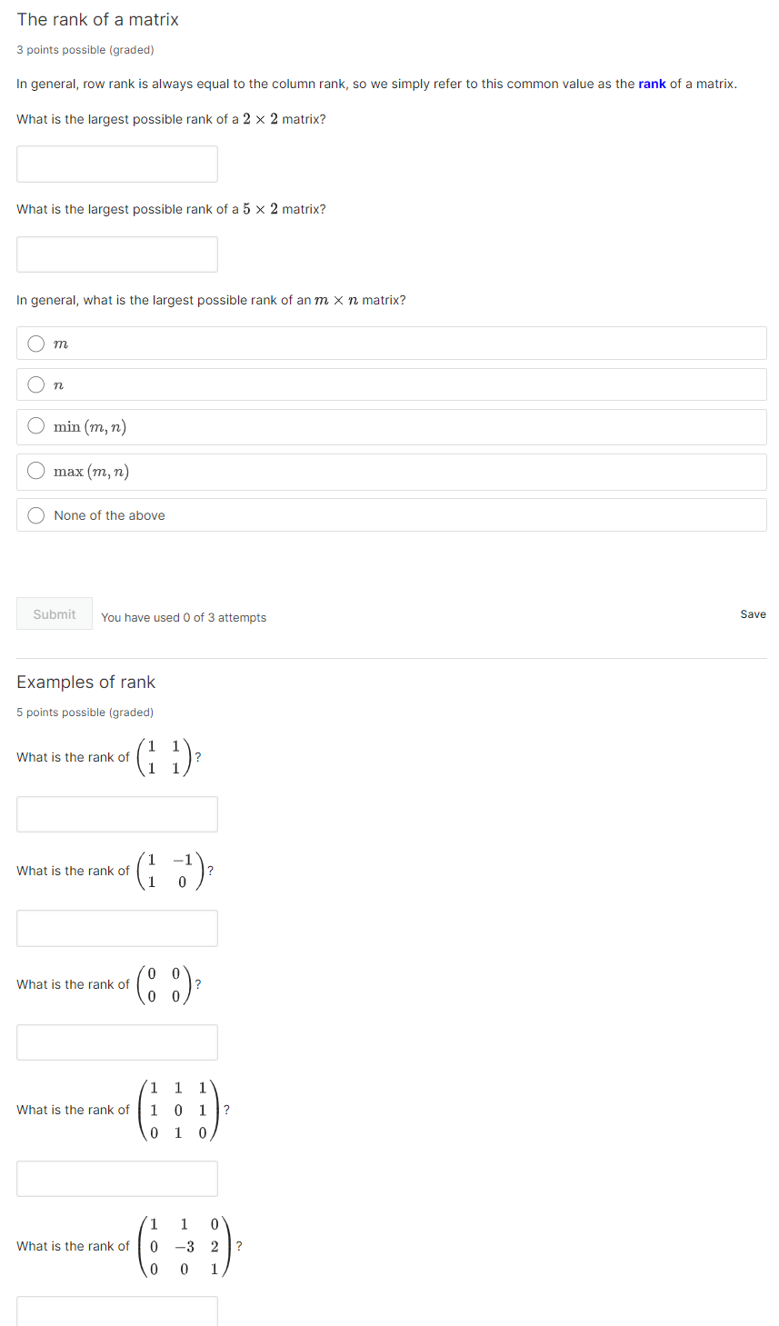 Solved The rank of a matrix 3 points possible (graded) In | Chegg.com