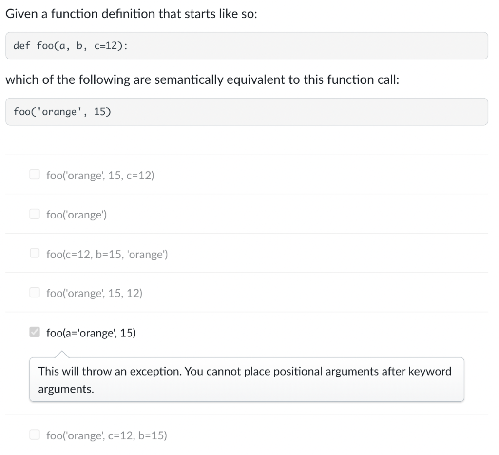 Solved foo('orange', 15) foo('orange', 15, c=12) Given a | Chegg.com