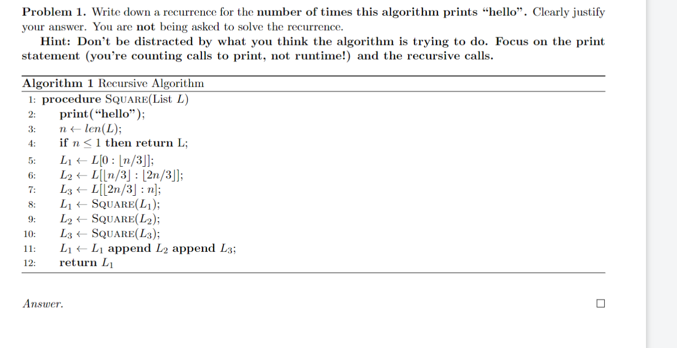 Problem 1. ﻿Write down a recurrence for the number of | Chegg.com