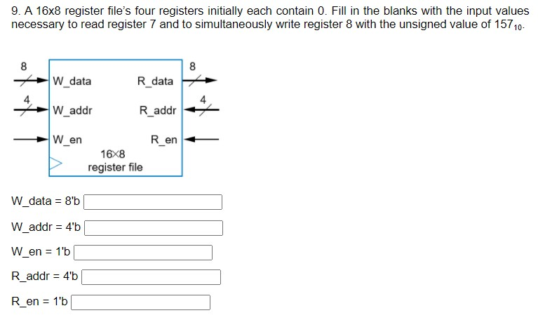 Solved 9. A 16x8 register file's four registers initially | Chegg.com