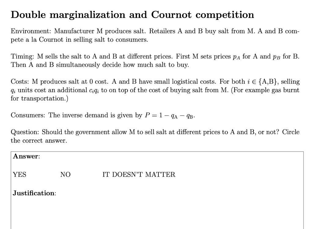 Solved Double marginalization and Cournot competition | Chegg.com