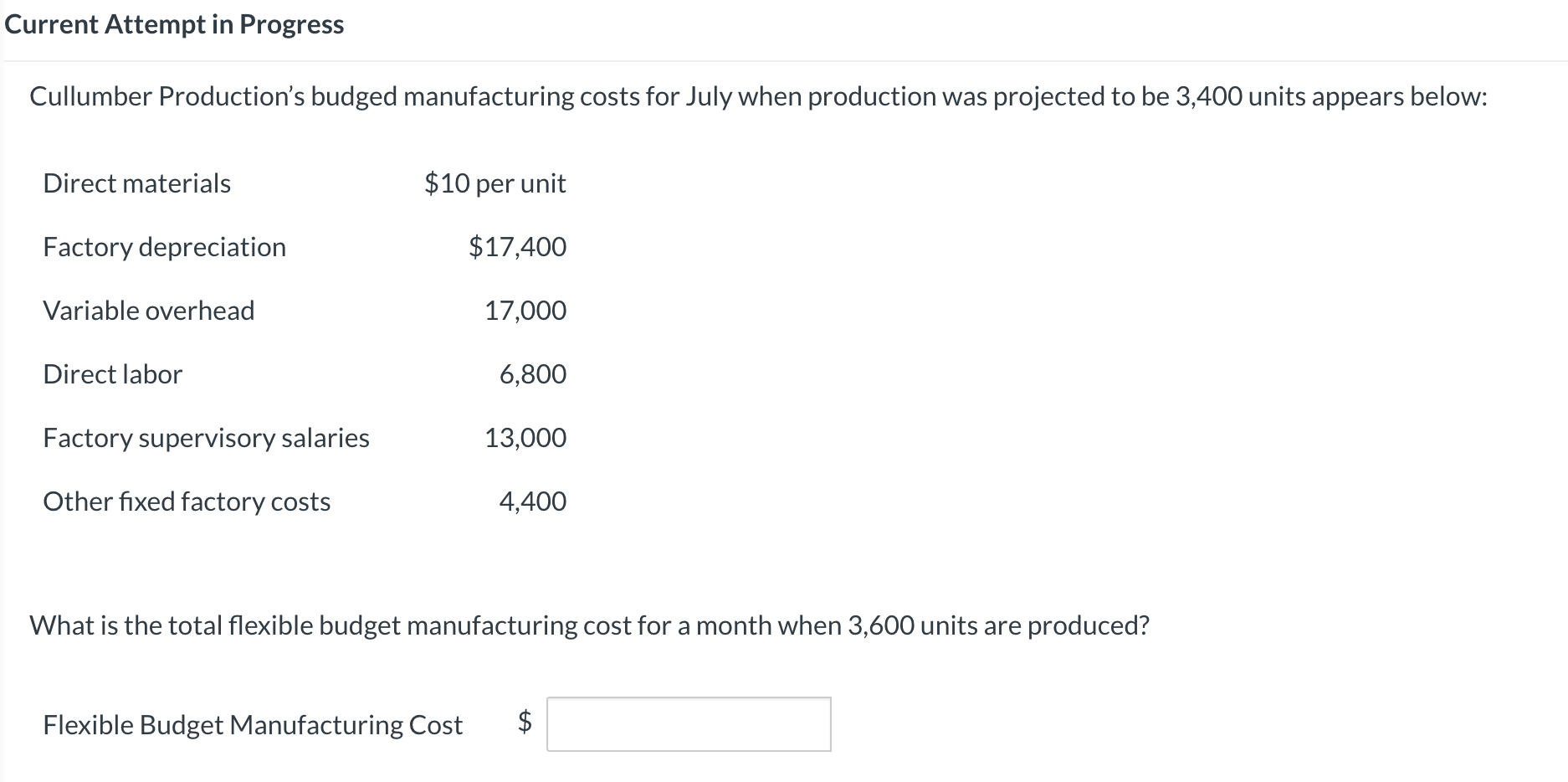 Solved Current Attempt in Progress Cullumber Production's | Chegg.com