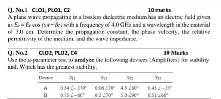 Solved Q. No.1 CLO1, PLO1, C2 10 marks A plane wave | Chegg.com