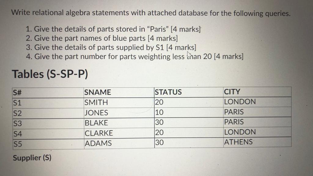 Solved Write Relational Algebra Statements With Attached 5485