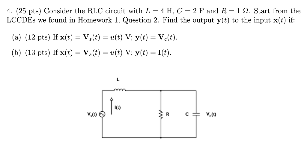 Solved = 4. (25 pts) Consider the RLC circuit with L = 4 H, | Chegg.com