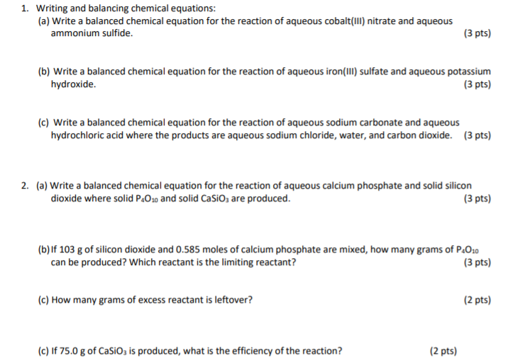 Solved 1. Writing and balancing chemical equations: (a) | Chegg.com