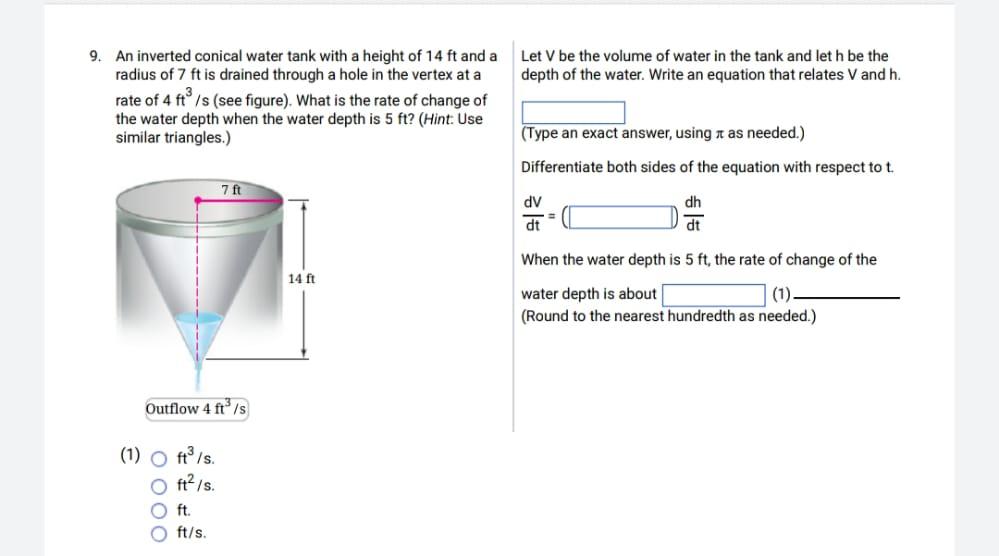 Solved 9. An inverted conical water tank with a height of | Chegg.com