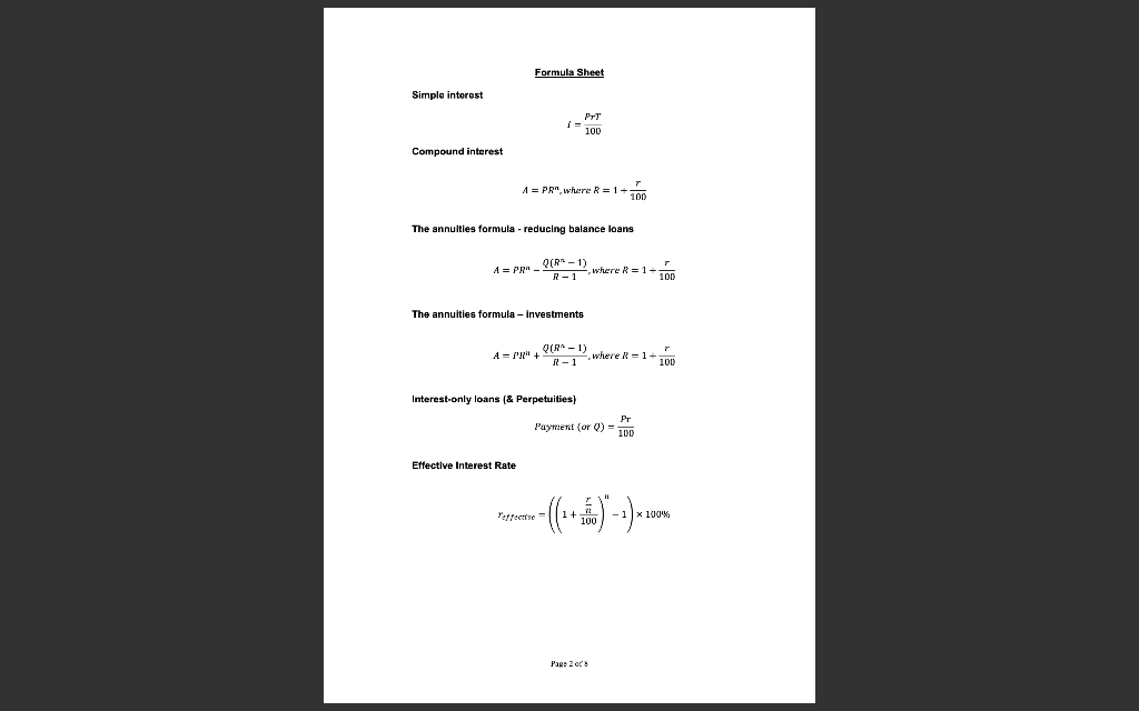 Formula Sheet Simple interest is 100 Compound | Chegg.com