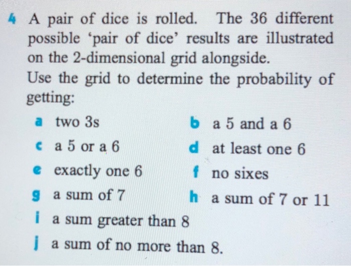 Solved 4 A pair of dice is rolled. The 36 different possible | Chegg.com