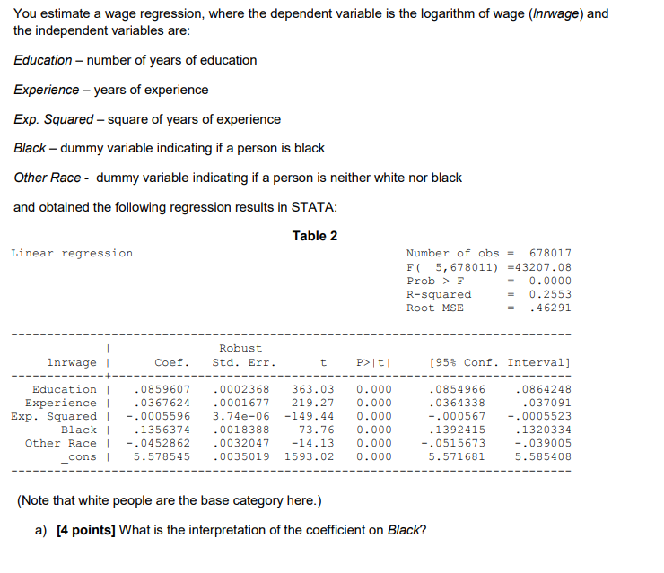 You estimate a wage regression, where the dependent | Chegg.com