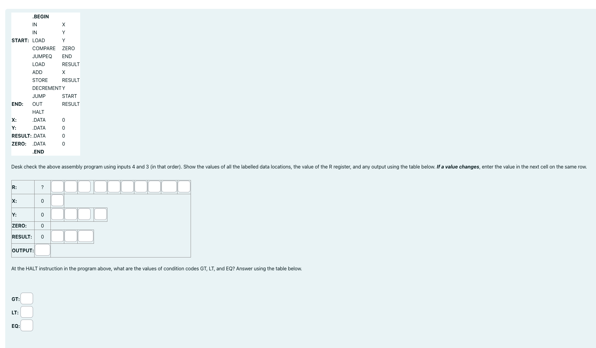 Solved Desk check the above assembly program using inputs 4 | Chegg.com