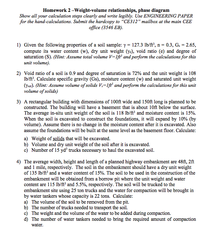 Solved Homework 2 -Weight-volume relationships, phase | Chegg.com