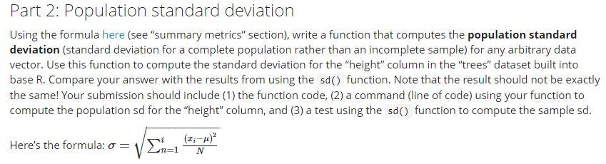 Solved Part 2: Population standard deviation Using the | Chegg.com