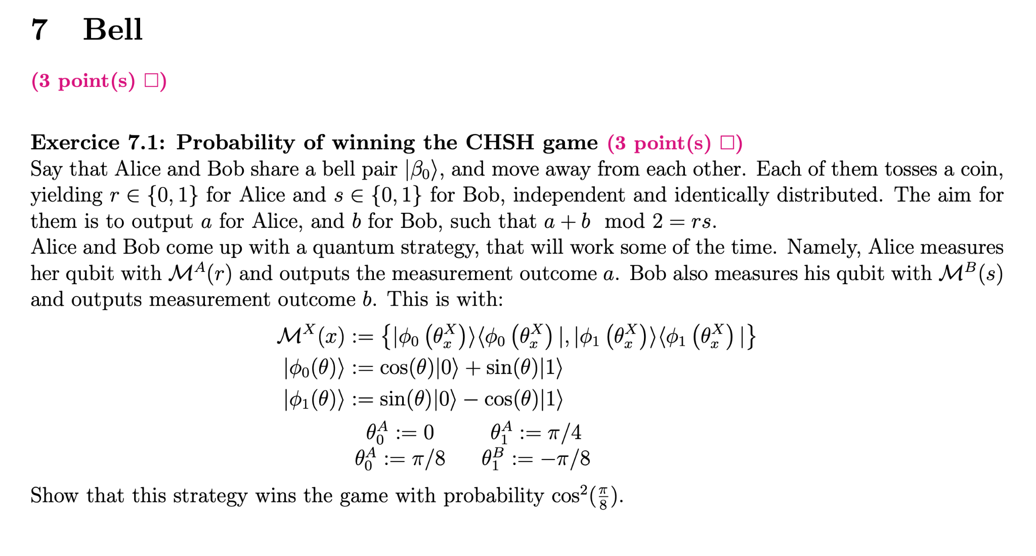 Solved Exercice 7.1: Probability of winning the CHSH game (3 | Chegg.com