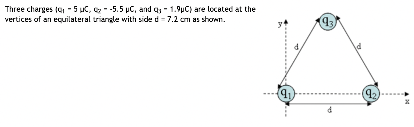 Solved Three charges (q1=5μC,q2=−5.5μC, and q3=1.9μC) are | Chegg.com