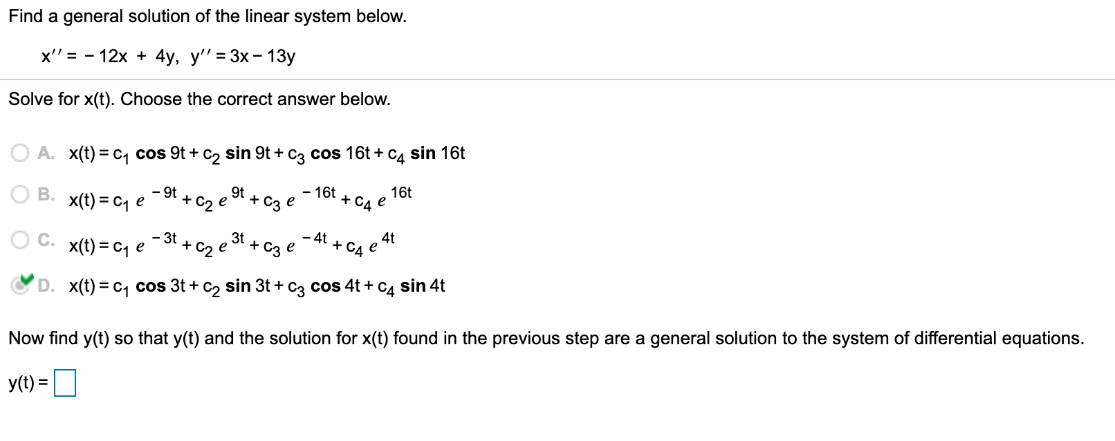 Solved Find a general solution of the linear system | Chegg.com