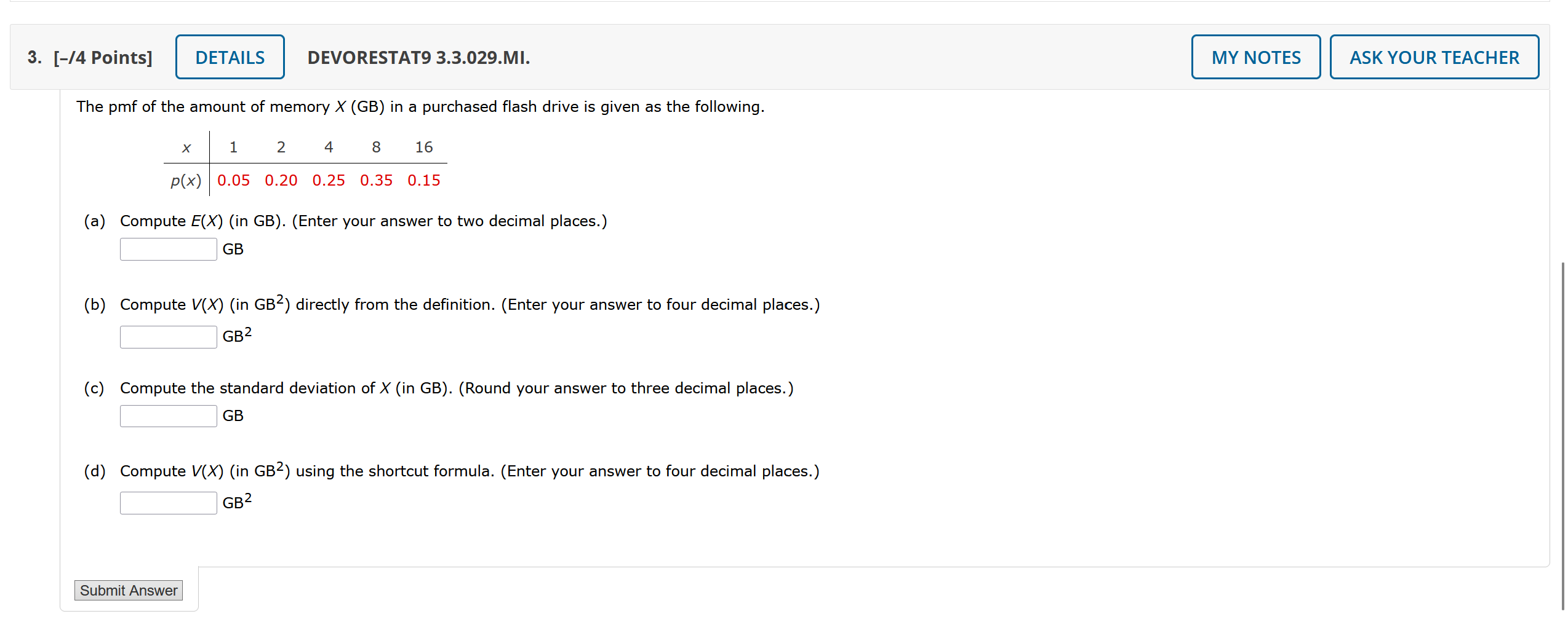 Solved 4 Points] DEVORESTAT9 3.3.029.MI. The pmf of the | Chegg.com