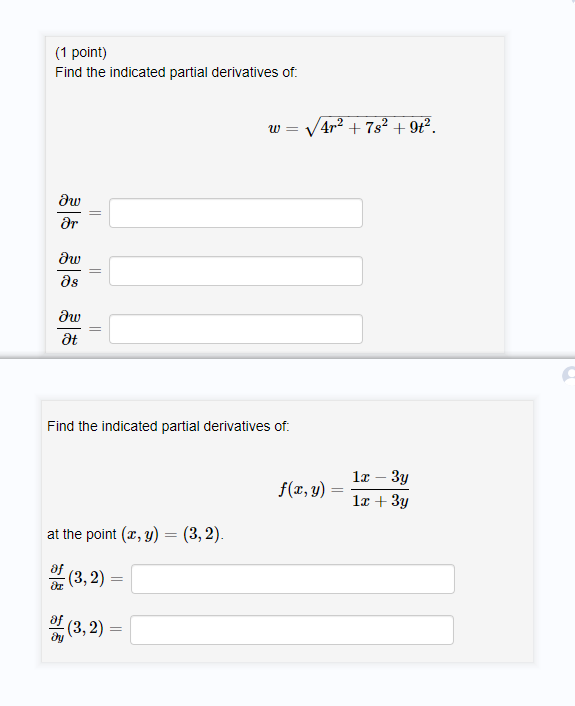 Solved (1 point) Find the indicated partial derivatives of w | Chegg.com