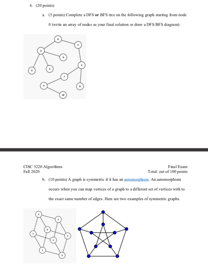 6. (20 Points) A. (5 Points) Complete A DFS Or BFS... | Chegg.com