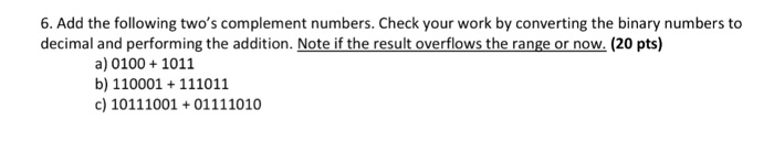 Solved Add the following two's complement numbers. Check | Chegg.com