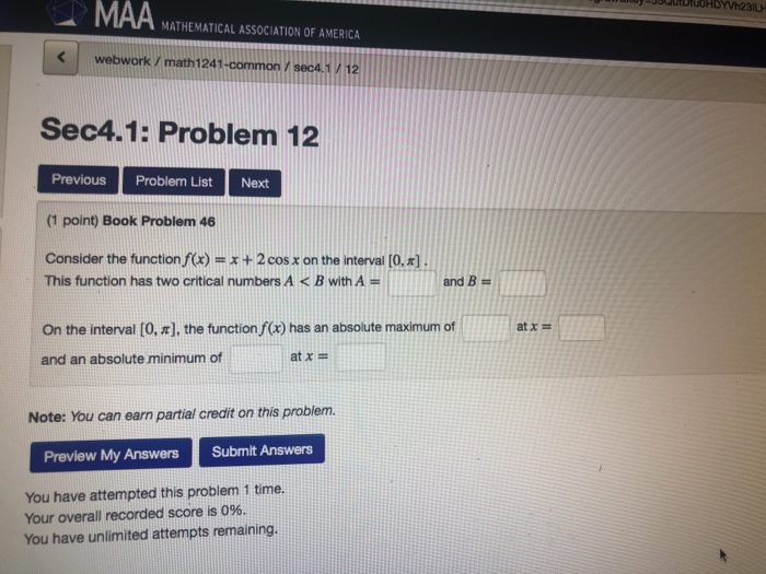 Solved MAA webwork / math1241 MATHEMATICAL ASSOCIATION OF | Chegg.com