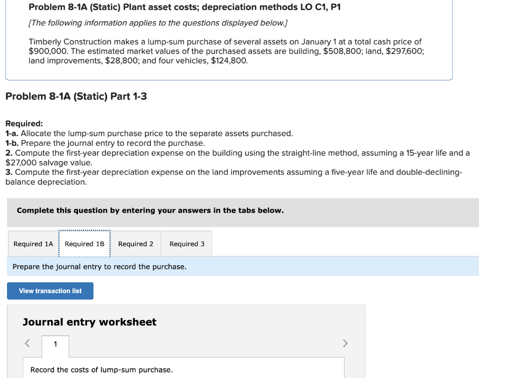 Solved Problem 8-1A (Static) Plant asset costs; depreciation | Chegg.com
