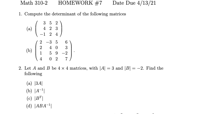 Solved Math 310-2 HOMEWORK #7 Date Due 4/13/21 1. Compute | Chegg.com