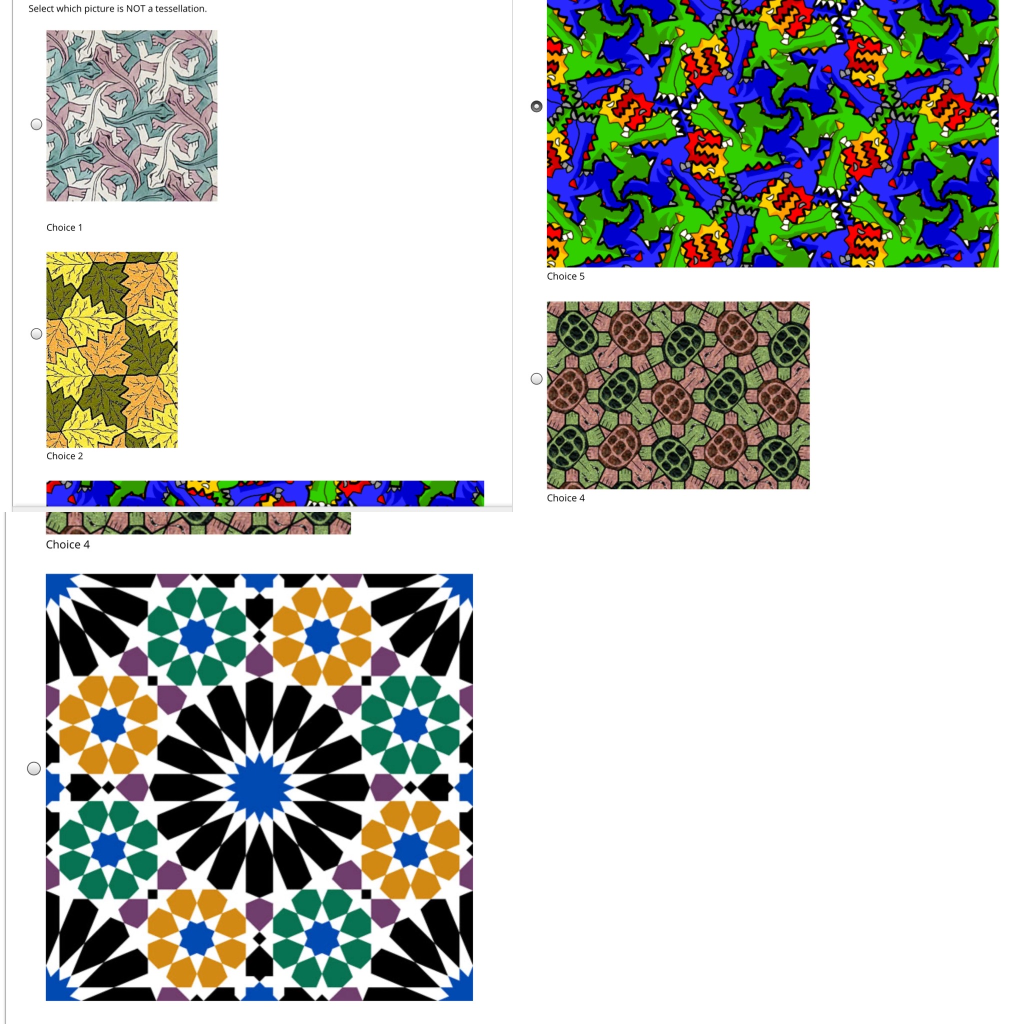 Solved Select which picture is NOT a tessellation Choice 1 9 | Chegg.com