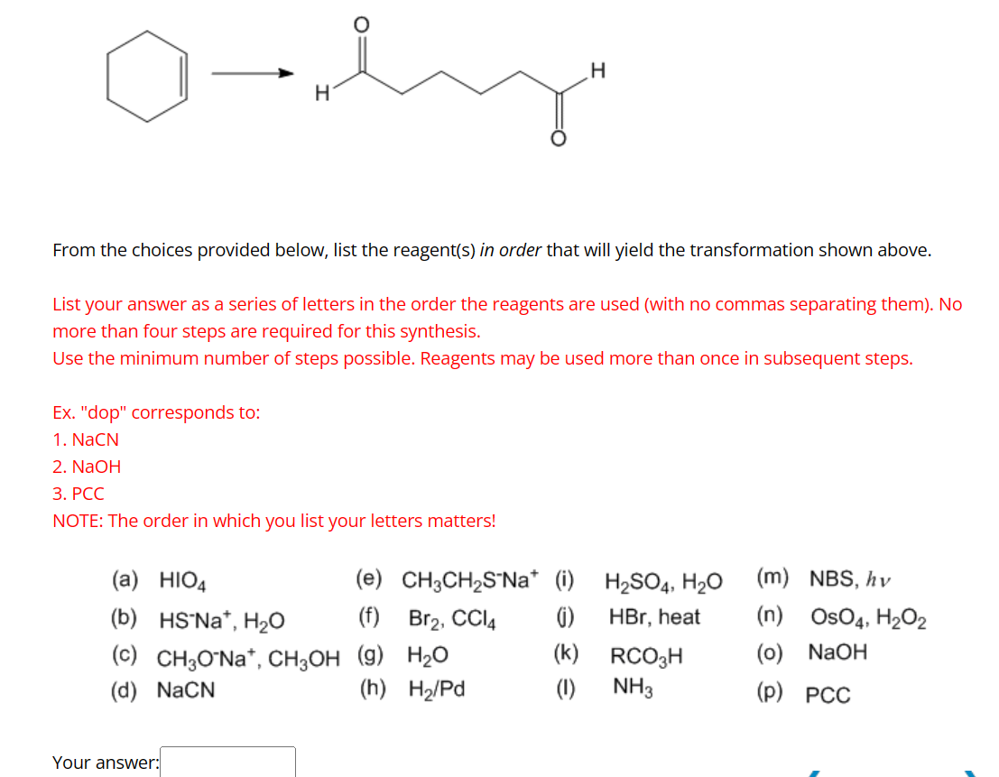 Solved From the choices provided below, list the reagent(s) | Chegg.com