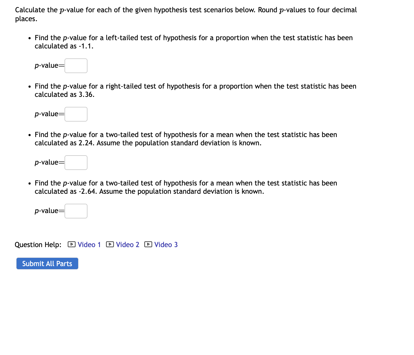 Solved Calculate the p-value for each of the given | Chegg.com
