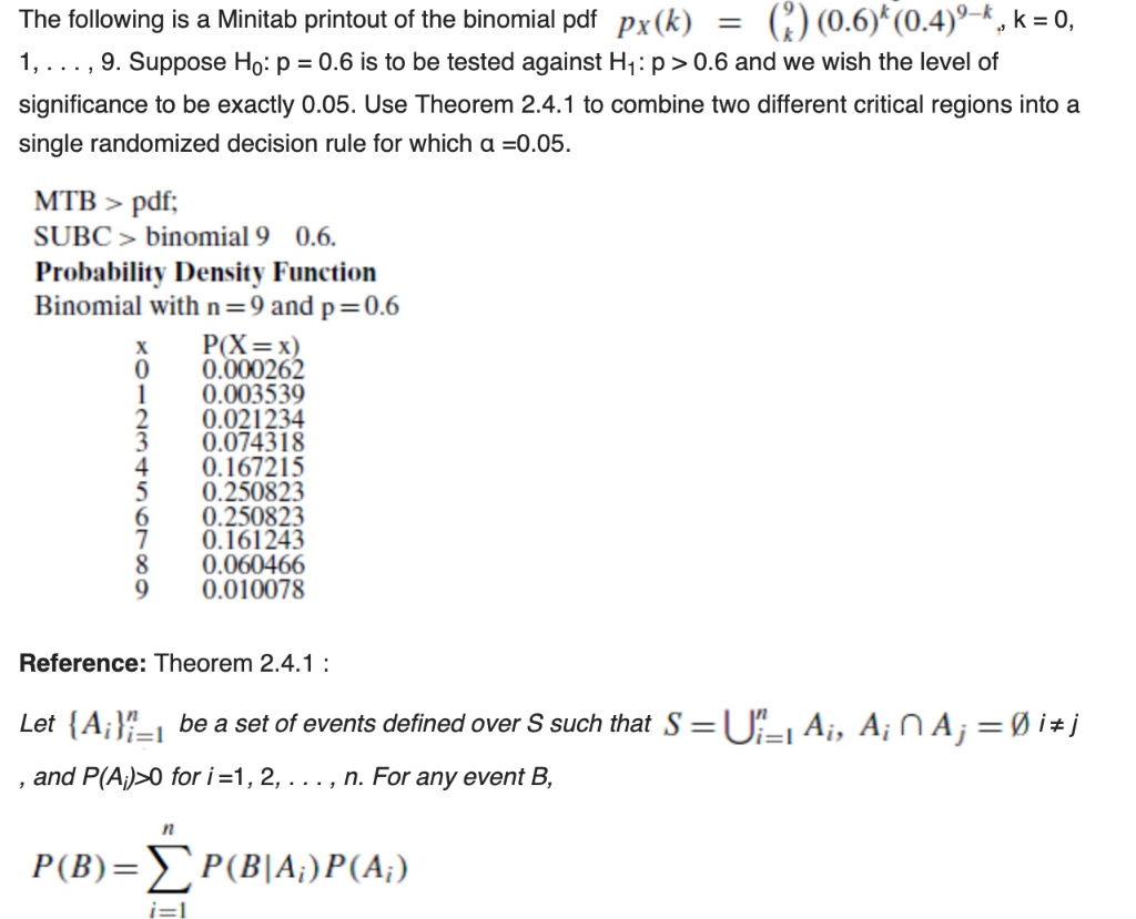 Solved The following is a Minitab printout of the binomial | Chegg.com